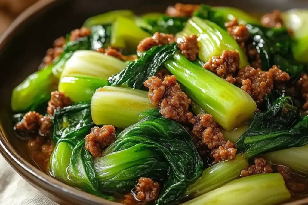 Stirfried Bok Choy with Ground Meat Recipe | Tessa Recipes