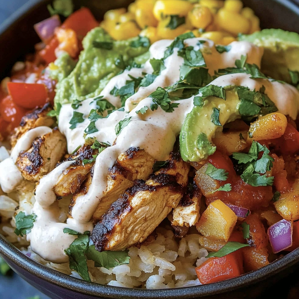 Loaded Chicken Fajita Rice Bowls with Smoky Chipotle Cream | Tessa Recipes