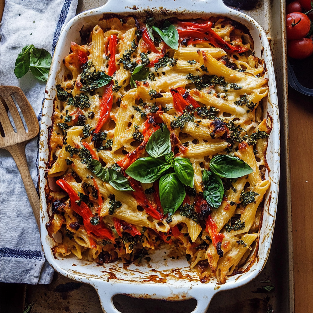 One Pan Baked Cheesy Basil Pasta | Tessa Recipes